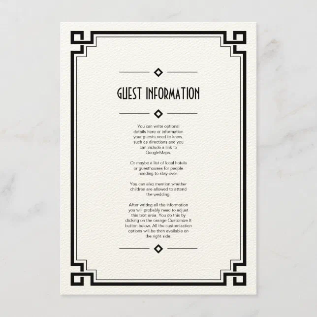 Elegant Black Frame Art Deco Wedding Insert Card | Zazzle