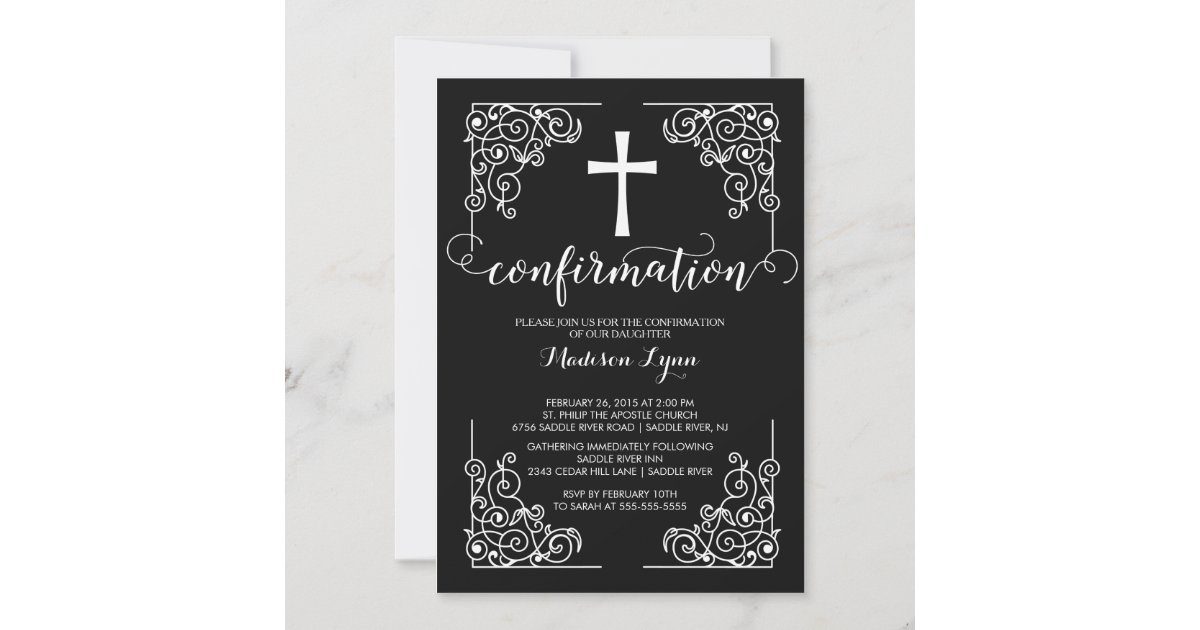 Elegant Black Frame Cross Confirmation Invitation | Zazzle