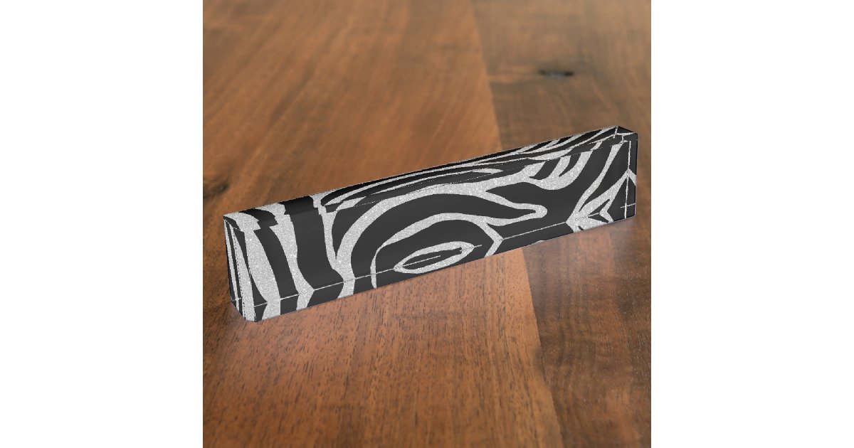 Elegant Black Glitter Silver Zebra Animal Print Desk Name Plate | Zazzle