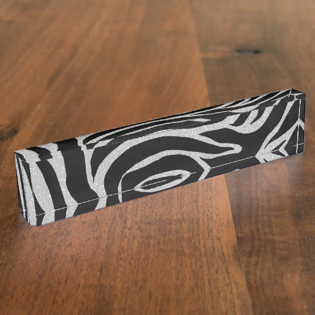 Elegant Black Glitter Silver Zebra Animal Print Desk Name Plate | Zazzle