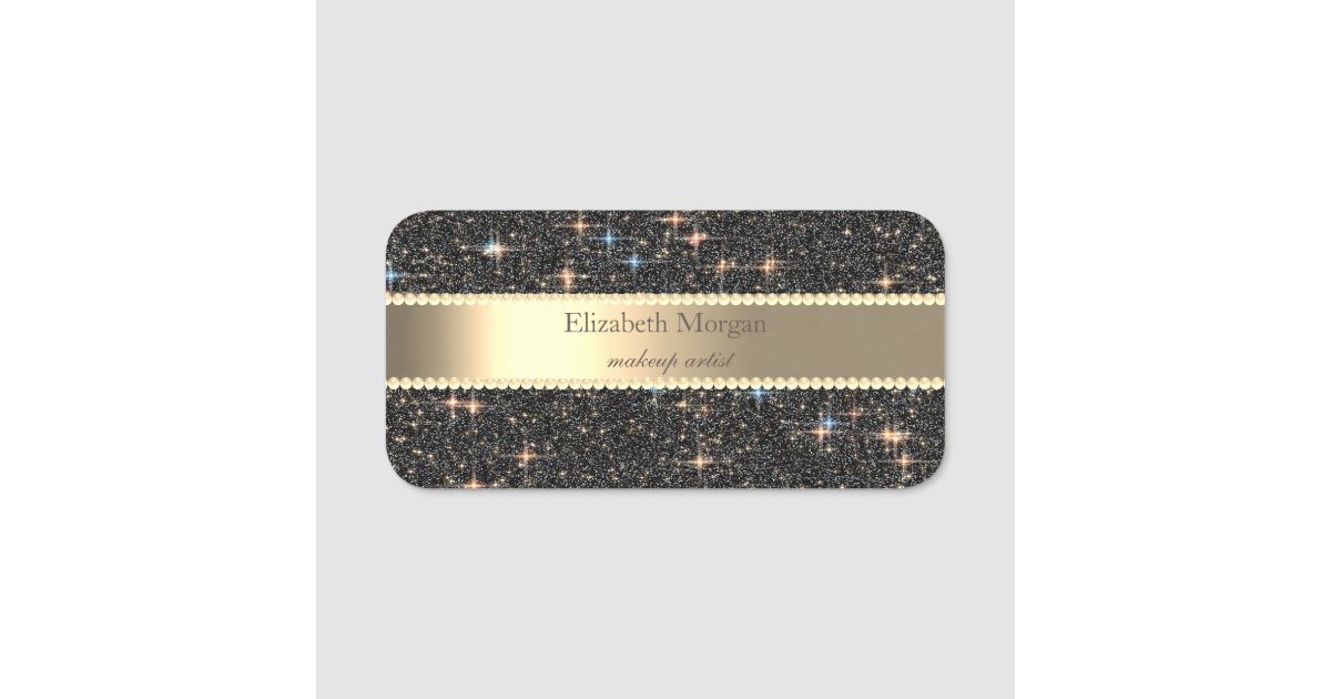 Elegant Black Glitter Sparkle Stripe Pearls Name Tag | Zazzle