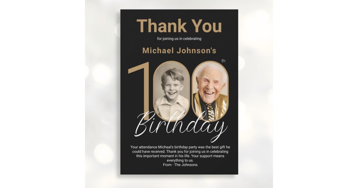 Elegant Black Gold 100th Birthday Thank You Card | Zazzle