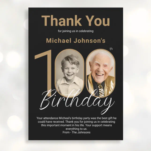 Elegant Black Gold 100th Birthday Thank You Card | Zazzle