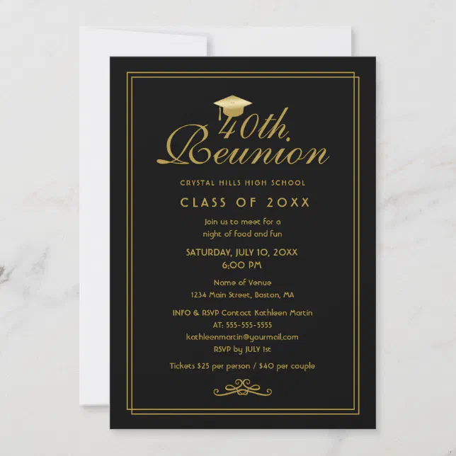 Elegant Black Gold 40th Class Reunion Invitation | Zazzle