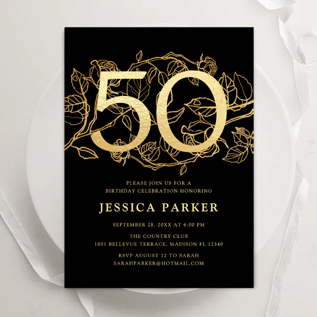 Elegant Black Gold 50th Birthday Invitation | Zazzle