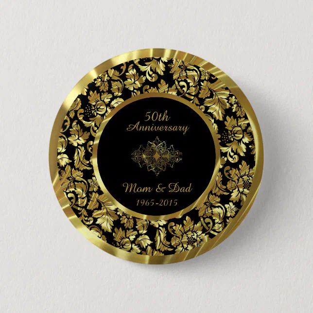Elegant Black & Gold 50th Wedding Anniversary Pinback Button | Zazzle