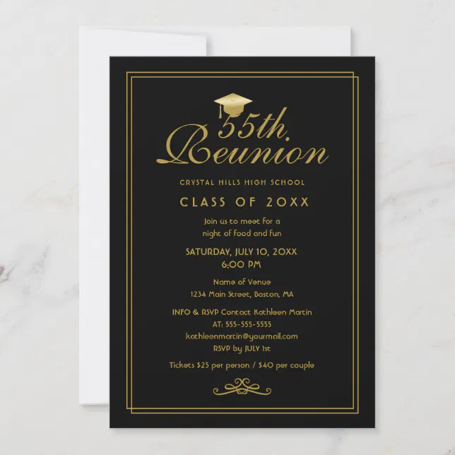 Elegant Black Gold 55th Class Reunion Invitation | Zazzle