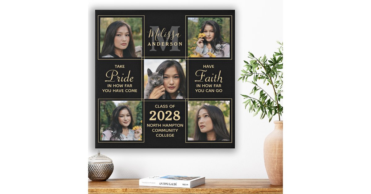 Elegant Black Gold 5 Photo Collage Graduation Faux Canvas Print | Zazzle