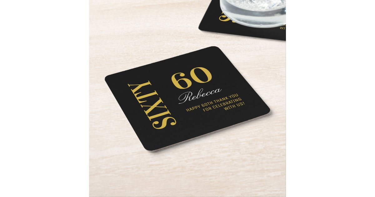 Elegant Black & Gold 60th Birthday Cocktail Party Square Paper Coaster ...