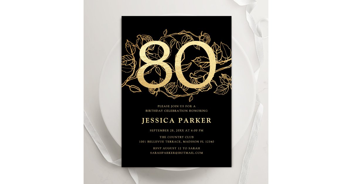 Elegant Black Gold 80th Birthday Invitation | Zazzle