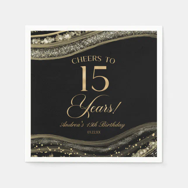Elegant Black Gold Agate 15th Birthday Party Napkins | Zazzle