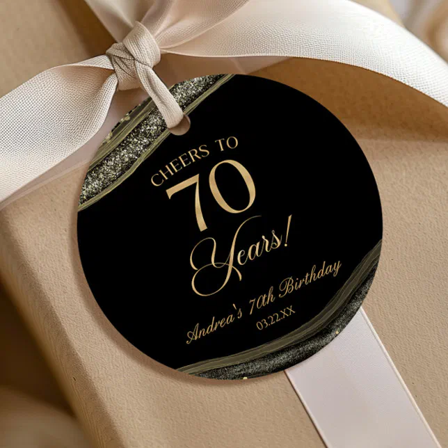 Elegant Black Gold Agate 70th Birthday Party Favor Tags | Zazzle