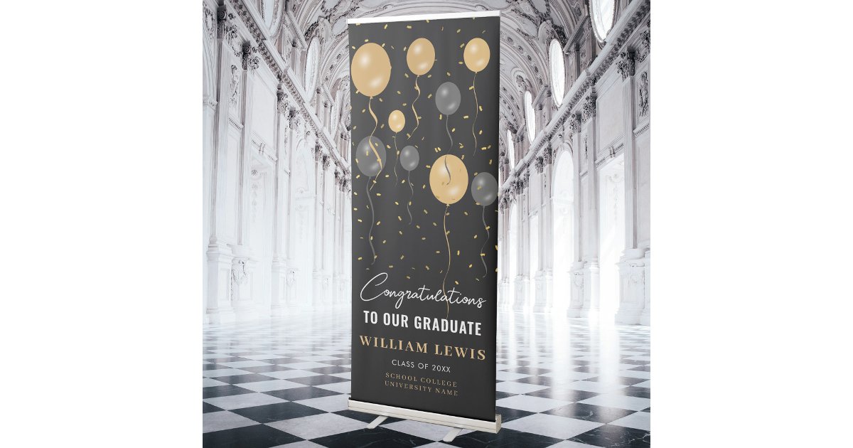 Elegant Black & Gold Balloons Graduation Retractable Banner | Zazzle