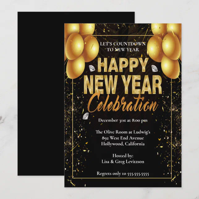 Elegant Black & Gold Balloons New Years Eve Party Invitation | Zazzle
