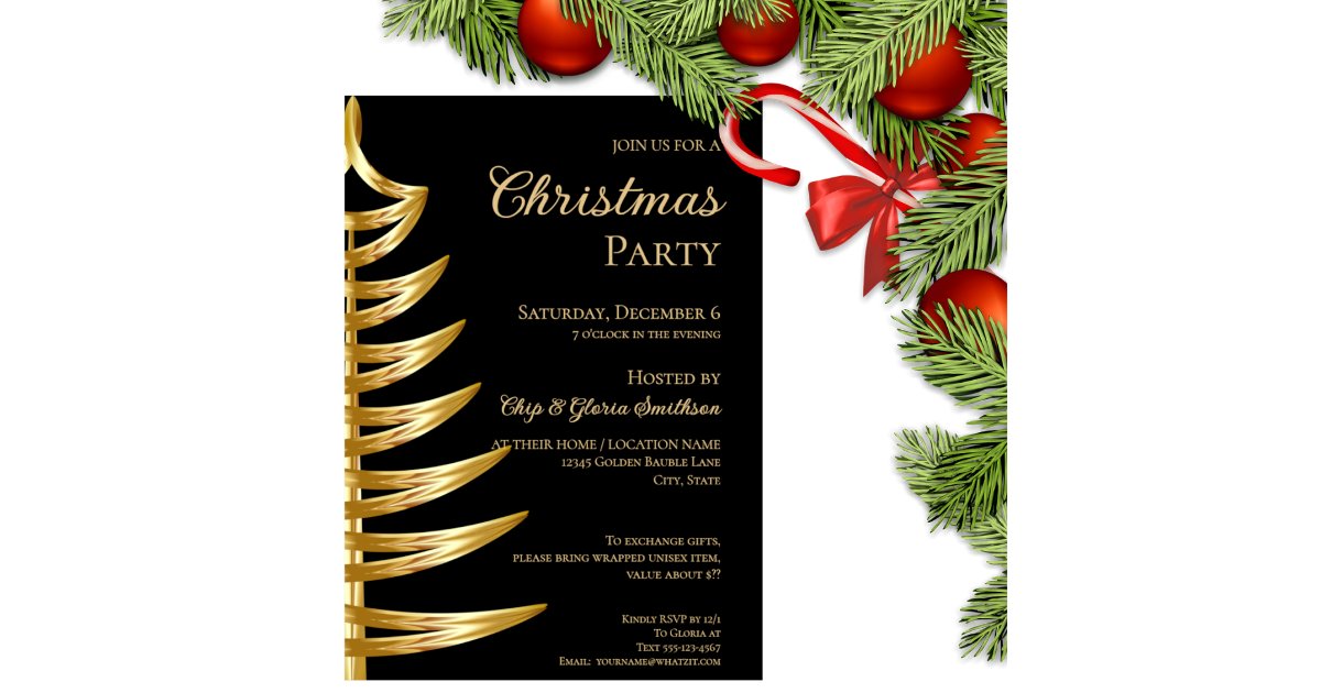 Elegant Black & Gold Christmas Party Invitation | Zazzle