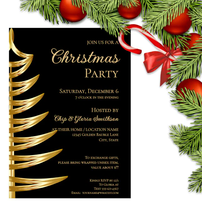 Elegant Black & Gold Christmas Party Invitation | Zazzle