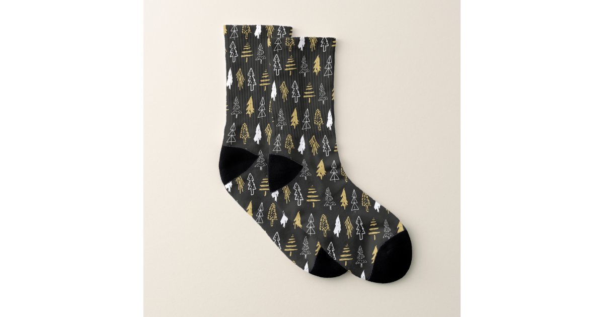 Elegant Black Gold Christmas Tree Forest Pattern Socks | Zazzle