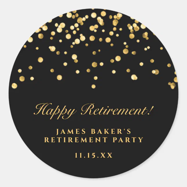 Elegant Black & Gold Confetti Happy Retirement Classic Round Sticker ...