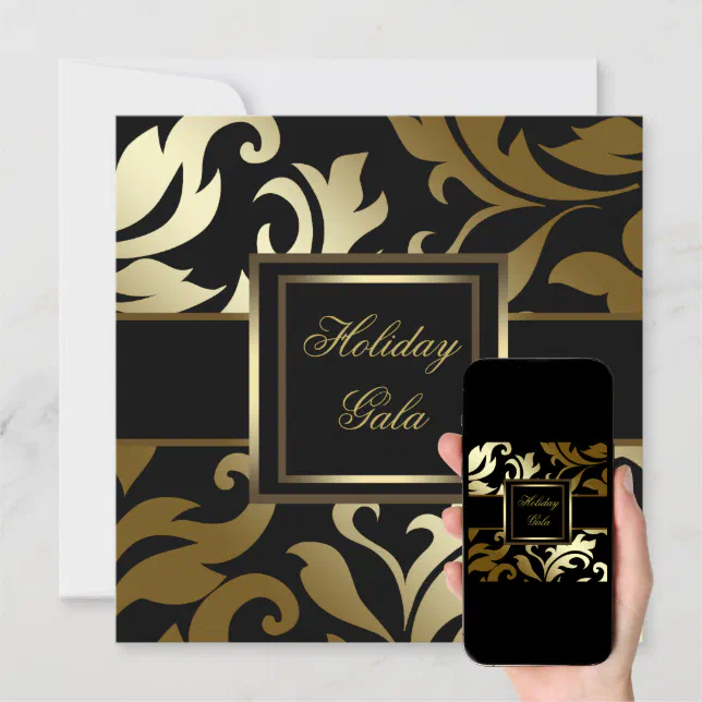 Elegant Black Gold Damask Party Invitations | Zazzle