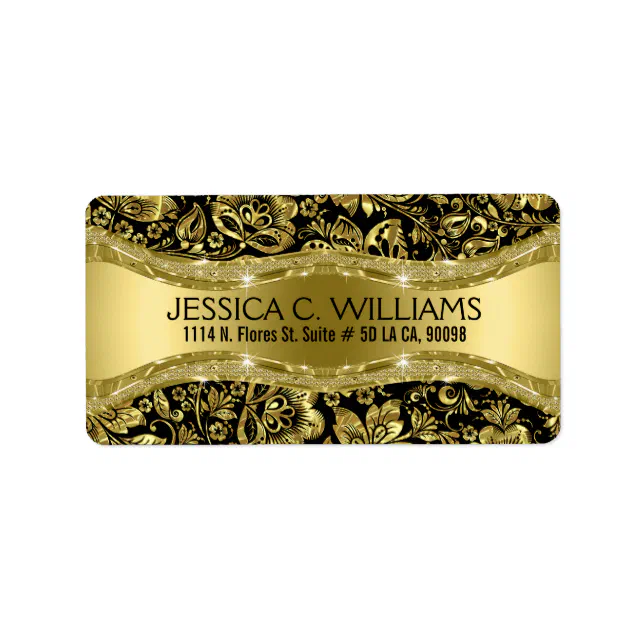 Elegant Black & Gold Damasks & Shiny Texture Label | Zazzle