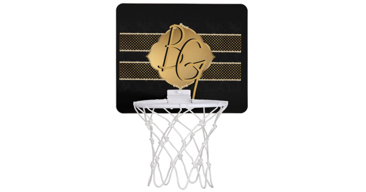 Elegant Black Gold Diamond Pattern Monogram Mini Basketball Hoop | Zazzle