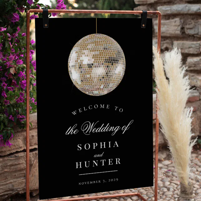 Elegant Black Gold Disco Ball Wedding Welcome Sign | Zazzle