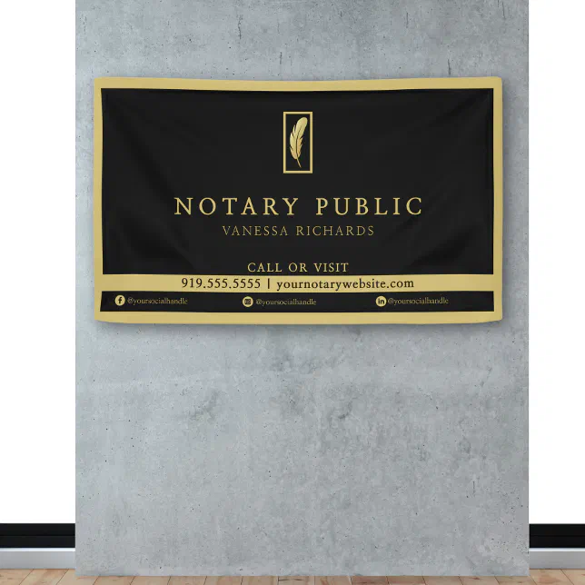 Elegant Black Gold Feather Logo Notary Event Banner | Zazzle