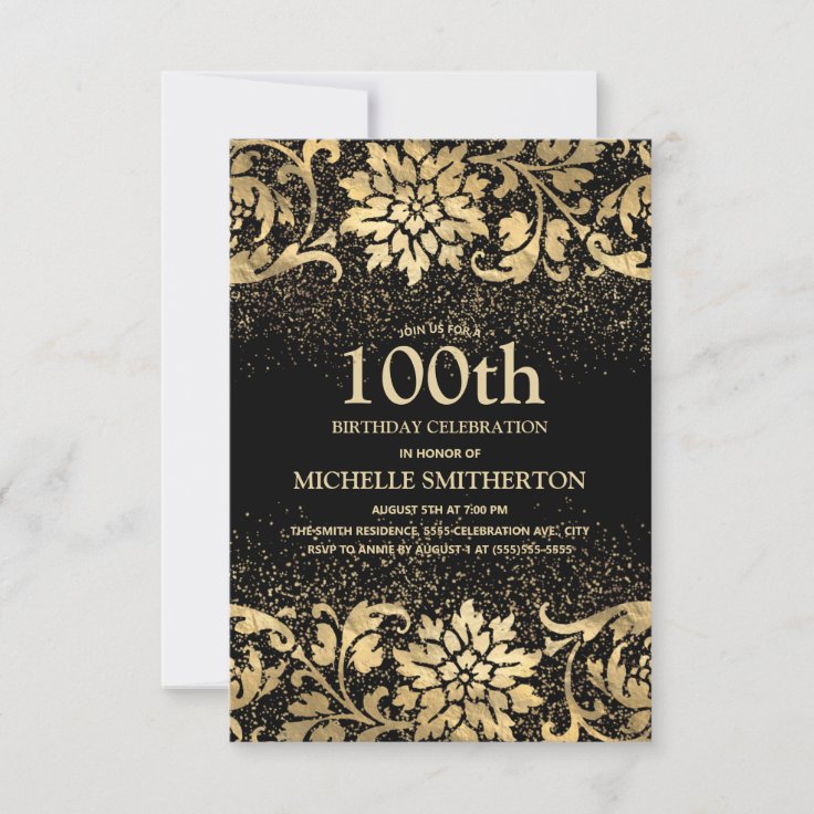 Elegant Black Gold Floral Glitter 100th Birthday Invitation | Zazzle