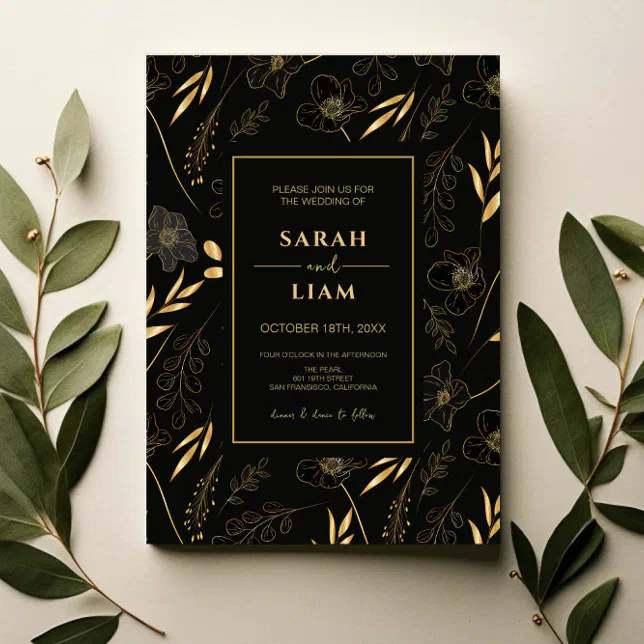 Elegant Black Gold Floral Luxury Romantic Wedding Invitation | Zazzle