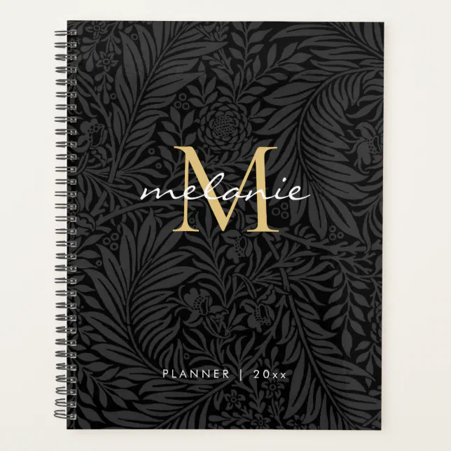 Elegant Black Gold Floral Script Monogram Calendar Planner | Zazzle