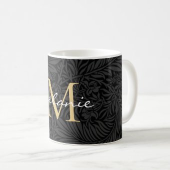 Elegant Black Gold Floral Script Monogram Coffee Mug | Zazzle