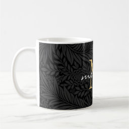 Elegant Black Gold Floral Script Monogram Coffee Mug | Zazzle