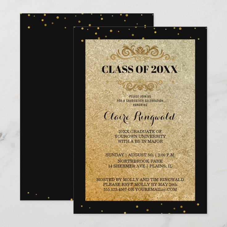 Elegant Black Gold Formal College Graduation Party Invitation | Zazzle