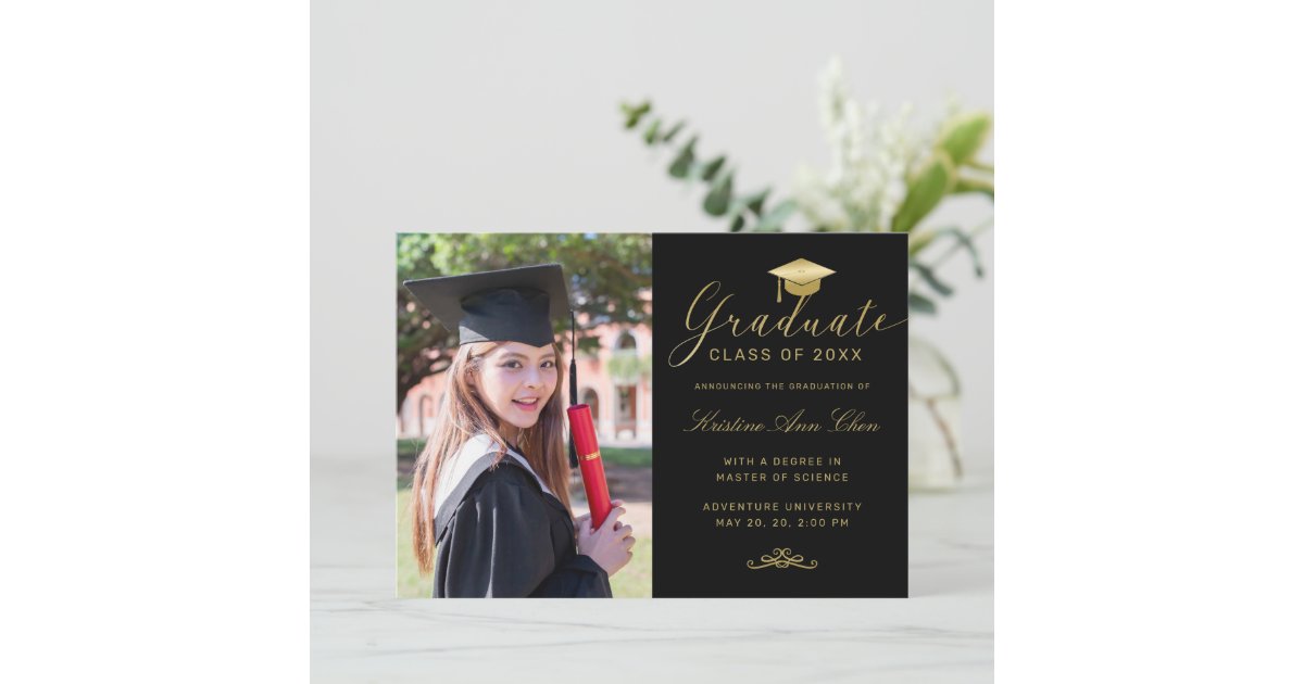 Elegant Black Gold Formal Script Photo Graduation Announcement | Zazzle