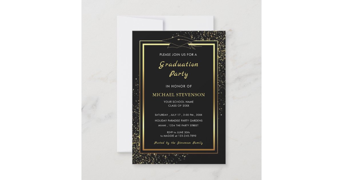 Elegant Black Gold Frame Graduation Invitation | Zazzle