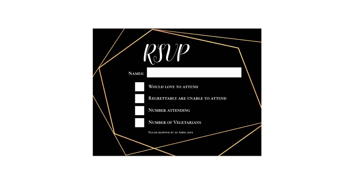 Elegant Black & Gold Geometric Frame Wedding RSVP Postcard | Zazzle.com