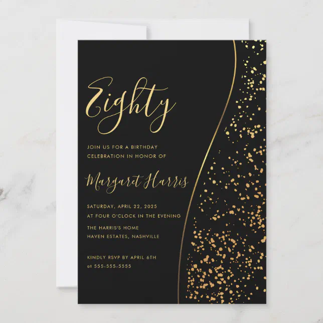 Elegant Black Gold Glitter 80th Eighty Birthday Invitation | Zazzle
