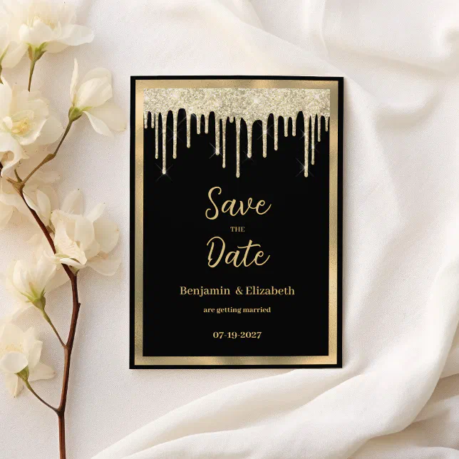 Elegant black gold glitter drips Save the Date Invitation | Zazzle