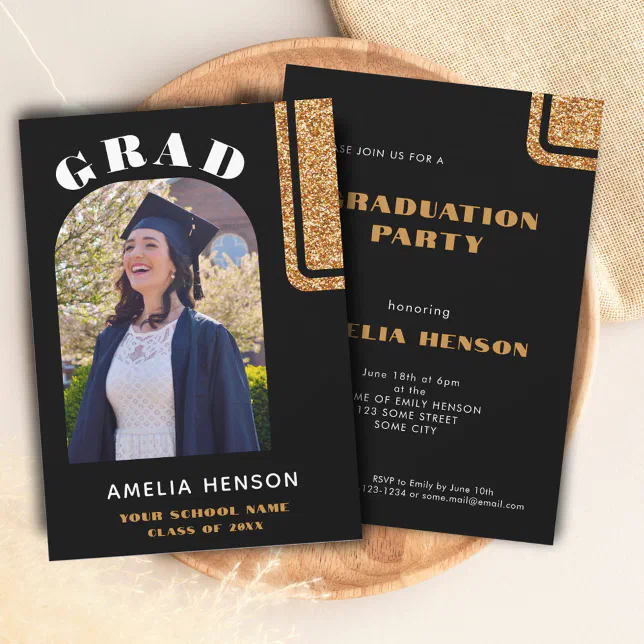 Elegant Black Gold Glitter Grad Photo Graduation Invitation | Zazzle