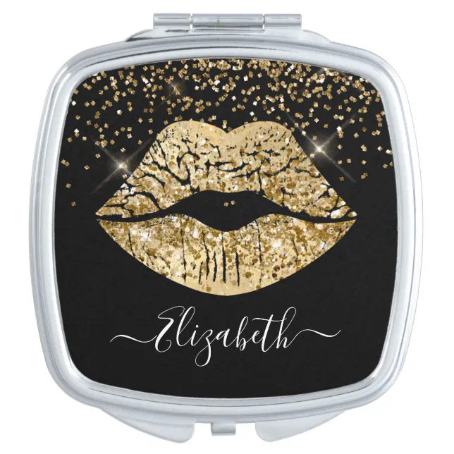 Elegant Black Gold Glitter Lips Sparkle Monogram Compact Mirror | Zazzle