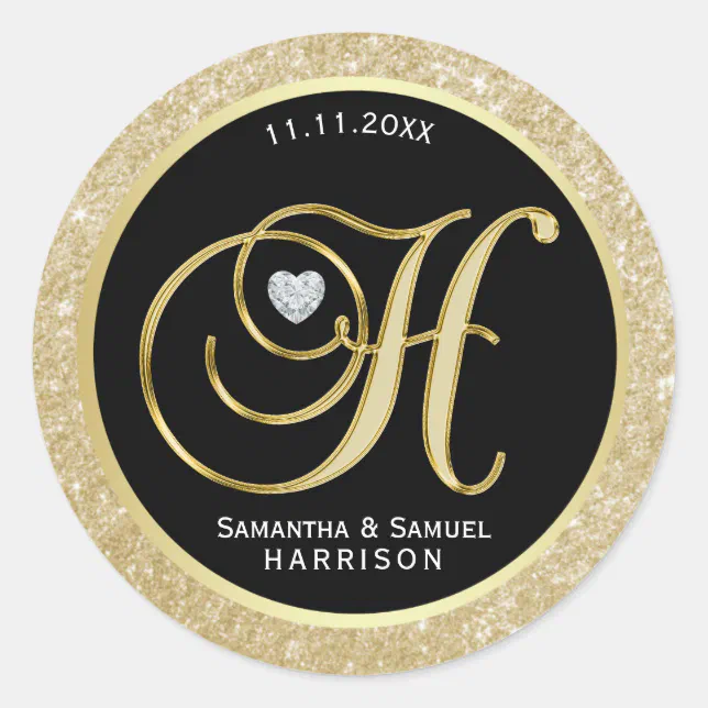 Elegant Black Gold Glitter Monogram Letter 'H' Classic Round Sticker ...