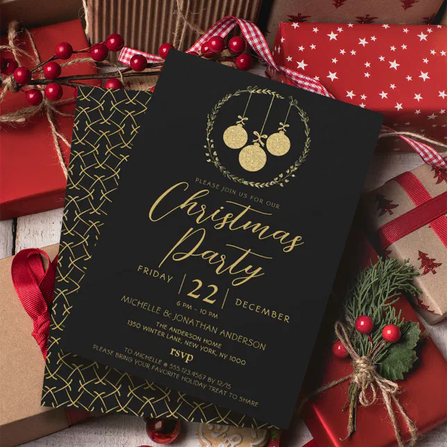 Elegant Black Gold Glitter Wreath Christmas Party Invitation | Zazzle