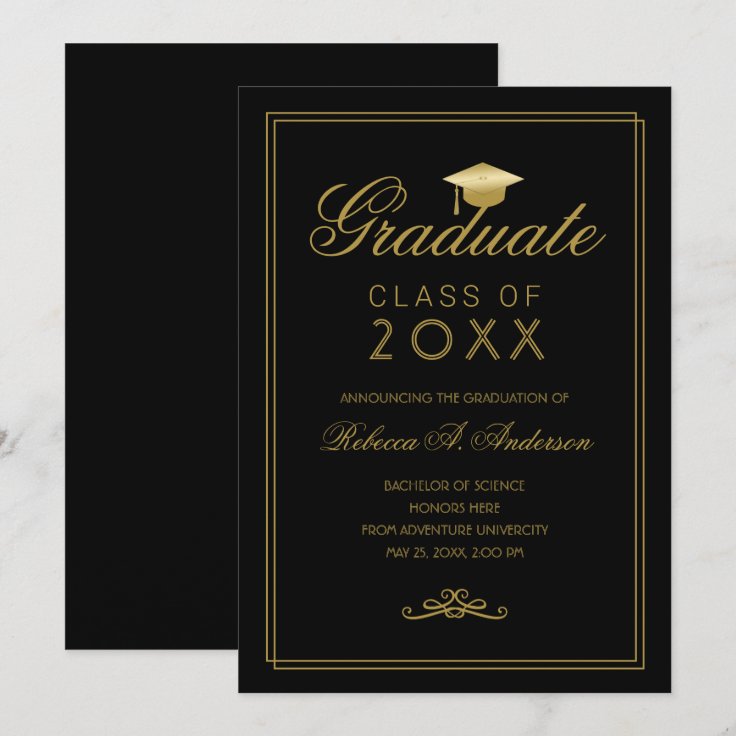 Elegant Black Gold Grad Cap College Graduation Announcement | Zazzle