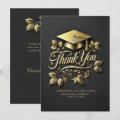 Elegant Black Gold Grad Cap Leaf Graduation Thank You Card | Zazzle