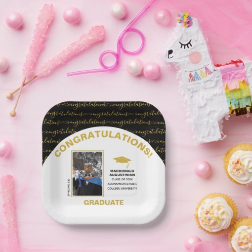 Elegant Black Gold Graduate Photo Paper Plates | Zazzle