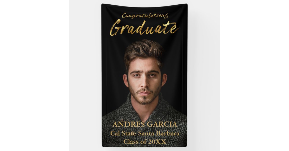Elegant Black Gold Graduate Vertical Photo Banner | Zazzle