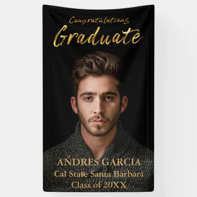 Elegant Black Gold Graduate Vertical Photo Banner | Zazzle