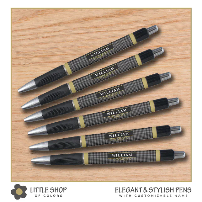 Elegant Black Gold Gray Glen Plaid Monogram Pen | Zazzle