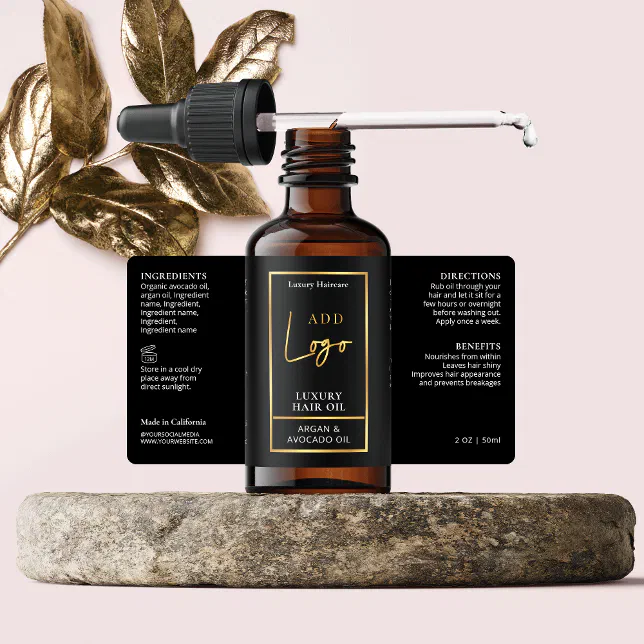 Elegant Black & Gold Hair Oil Dropper Bottle Label | Zazzle