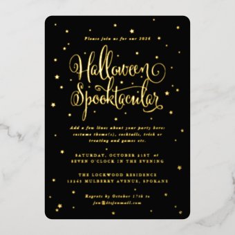 Elegant Black/Gold Halloween Spooktacular + Stars Foil Invitation | Zazzle